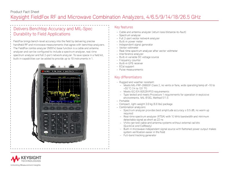 FieldFox RF and Microwave Combination Analyzers, 4/6.5/9/14/18/26.5 GHz PDF Asset Page | Keysight